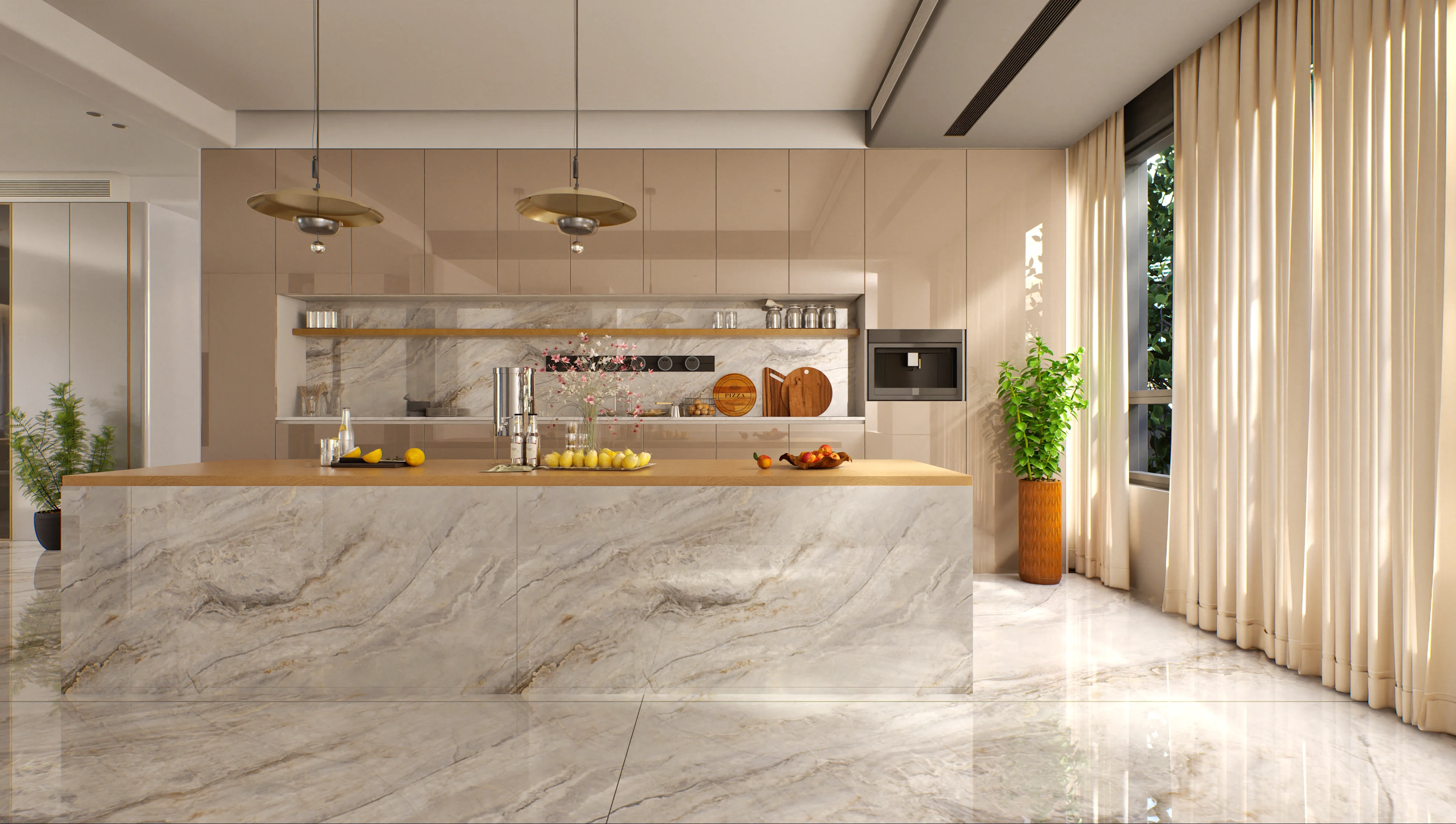 Elegant Modern Kitchen with Marble Island and Warm Tones