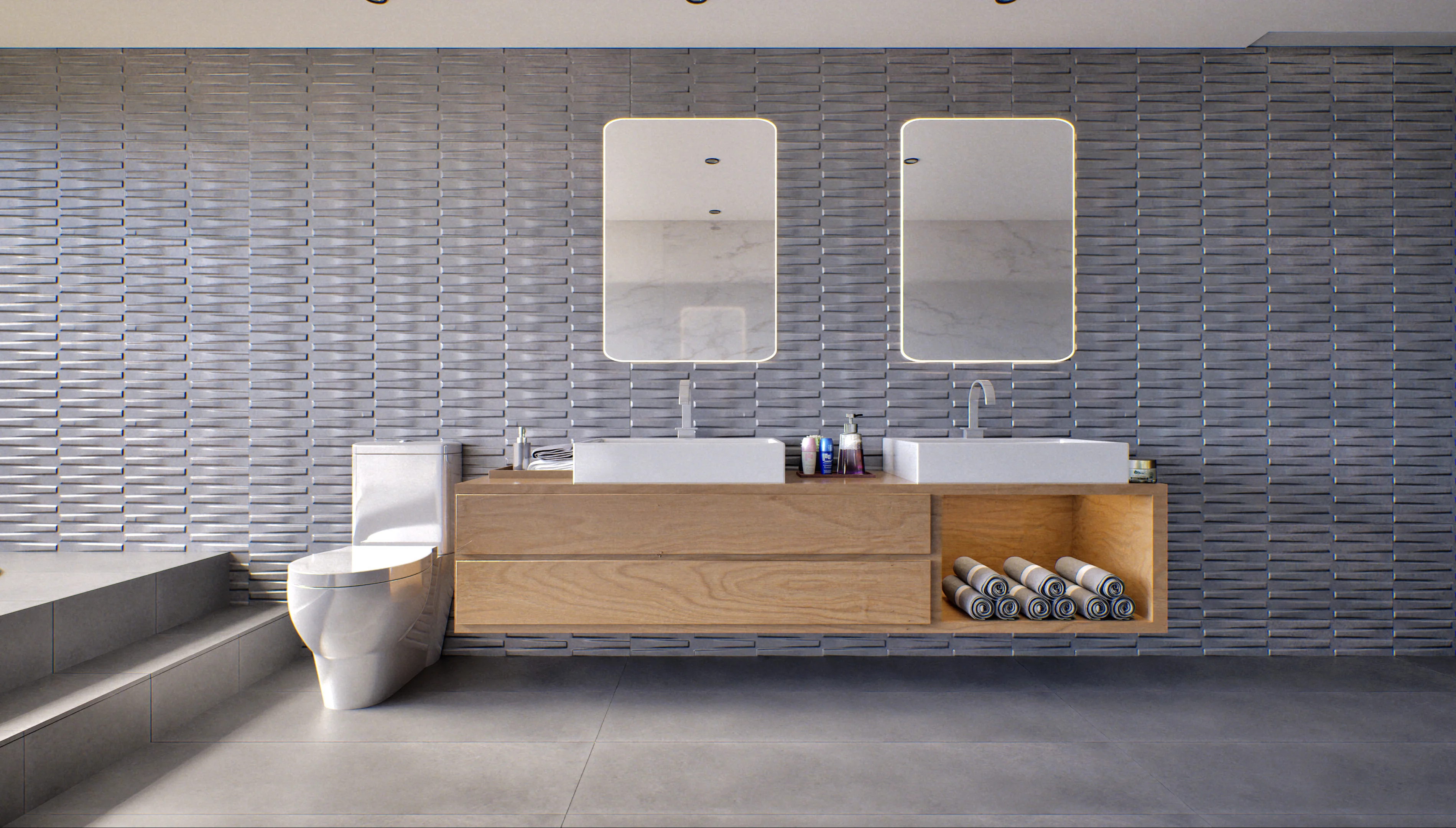 Modern Bathroom with Double Vanity and Textured Tile Wall