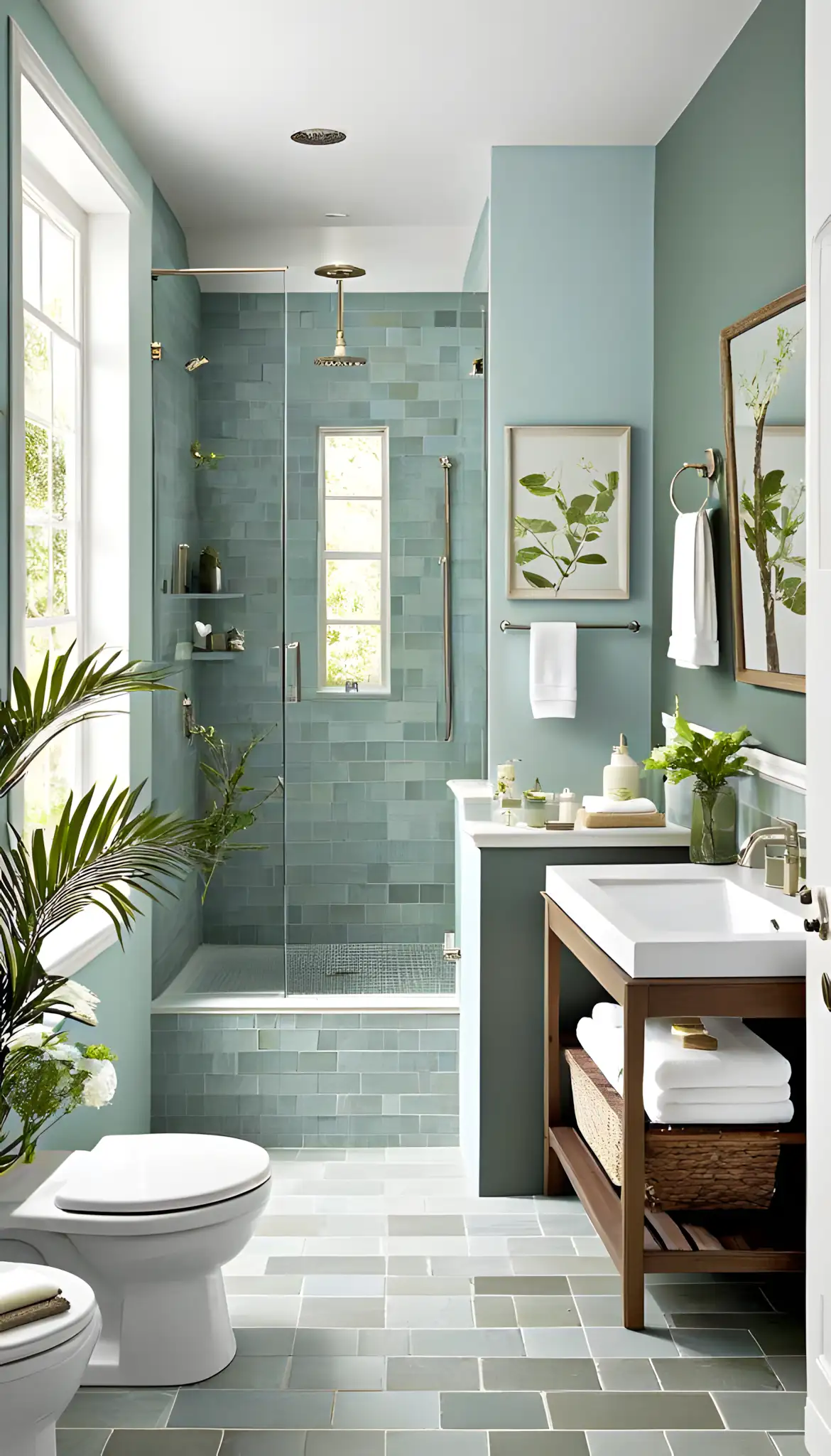 Calming Sage Green Bathroom with Walk-in Shower