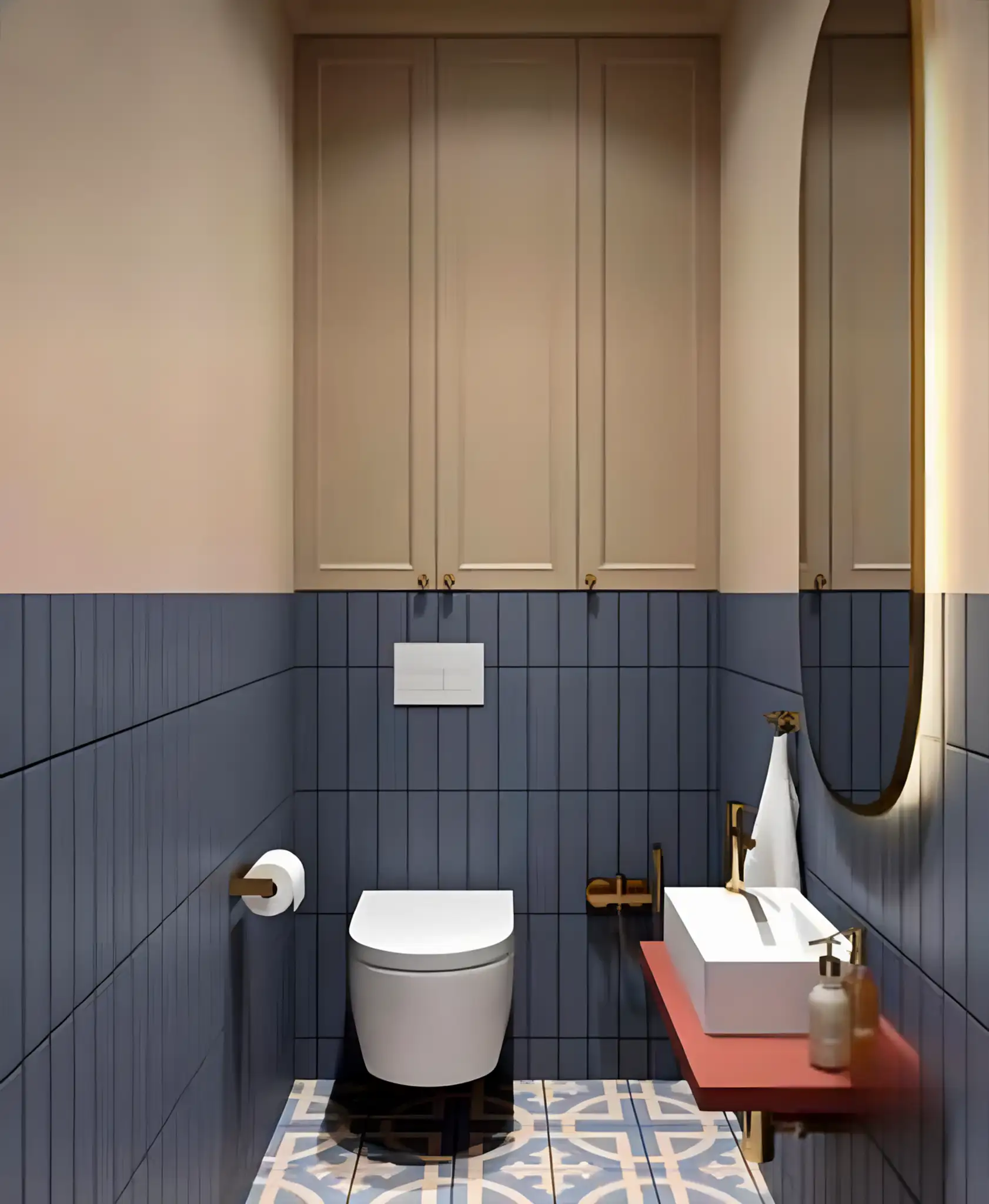 Compact Modern Powder Room with Bold Blue and Beige Tones