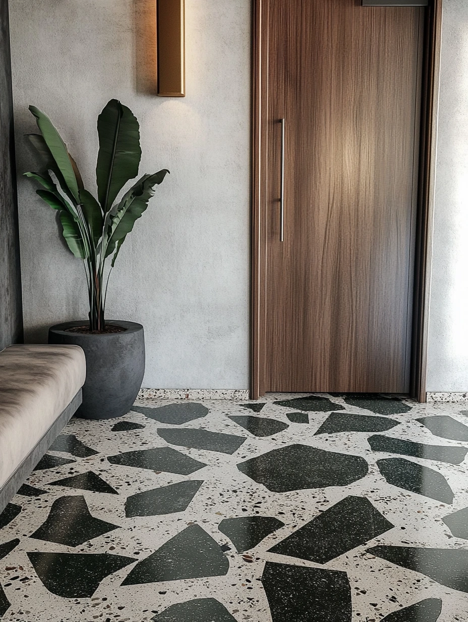 Bright Lounge with Grey Full body kota tiles Terrazzo Flooring, Minimal ...