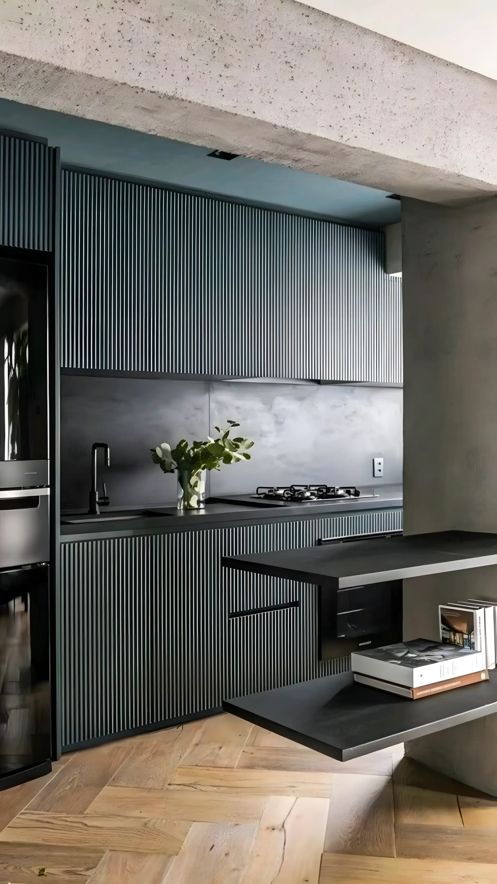 Contemporary Kitchen with Fluted Cabinetry and Concrete Elements