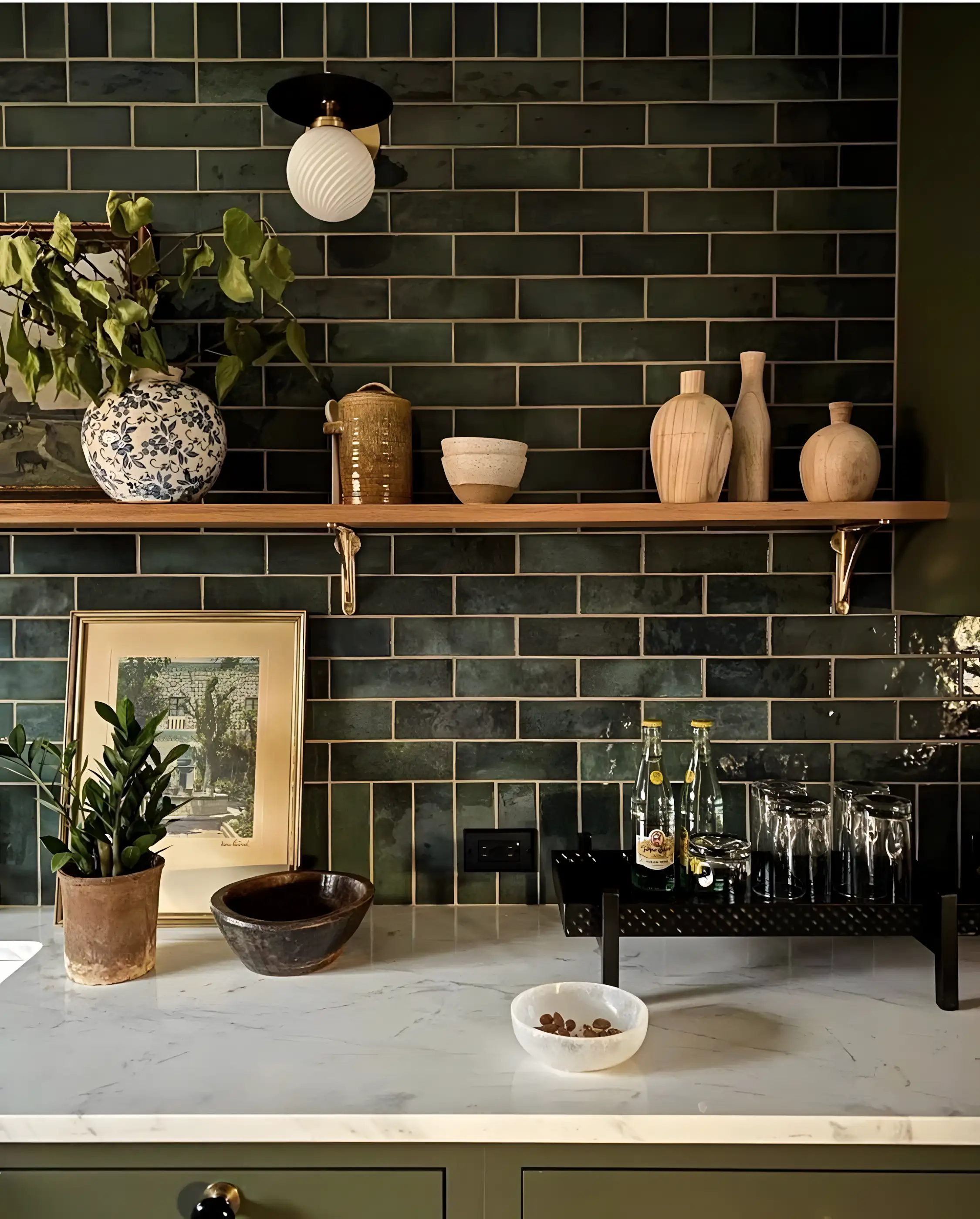 Dark Green Subway Tile Kitchen Backsplash