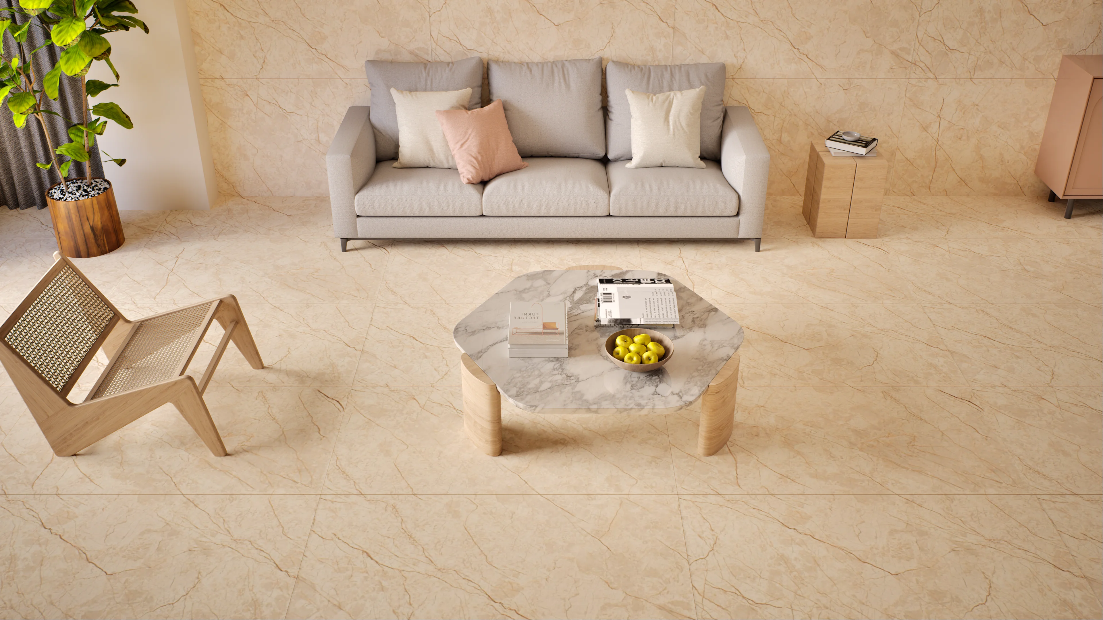 Elegant Beige Living Room with Marble Coffee Table