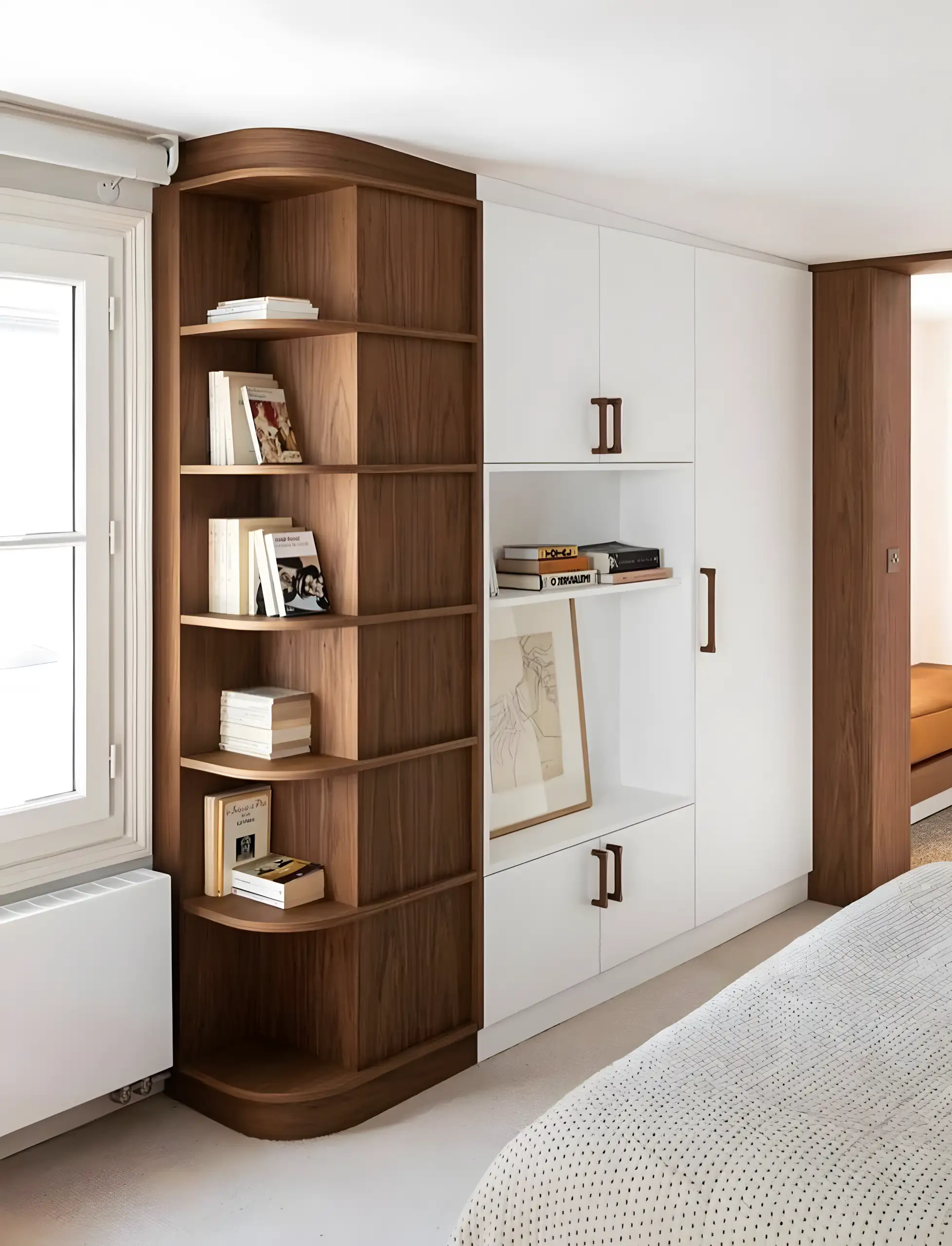 Elegant Curved Wood and White Cabinetry with Built-in Shelves