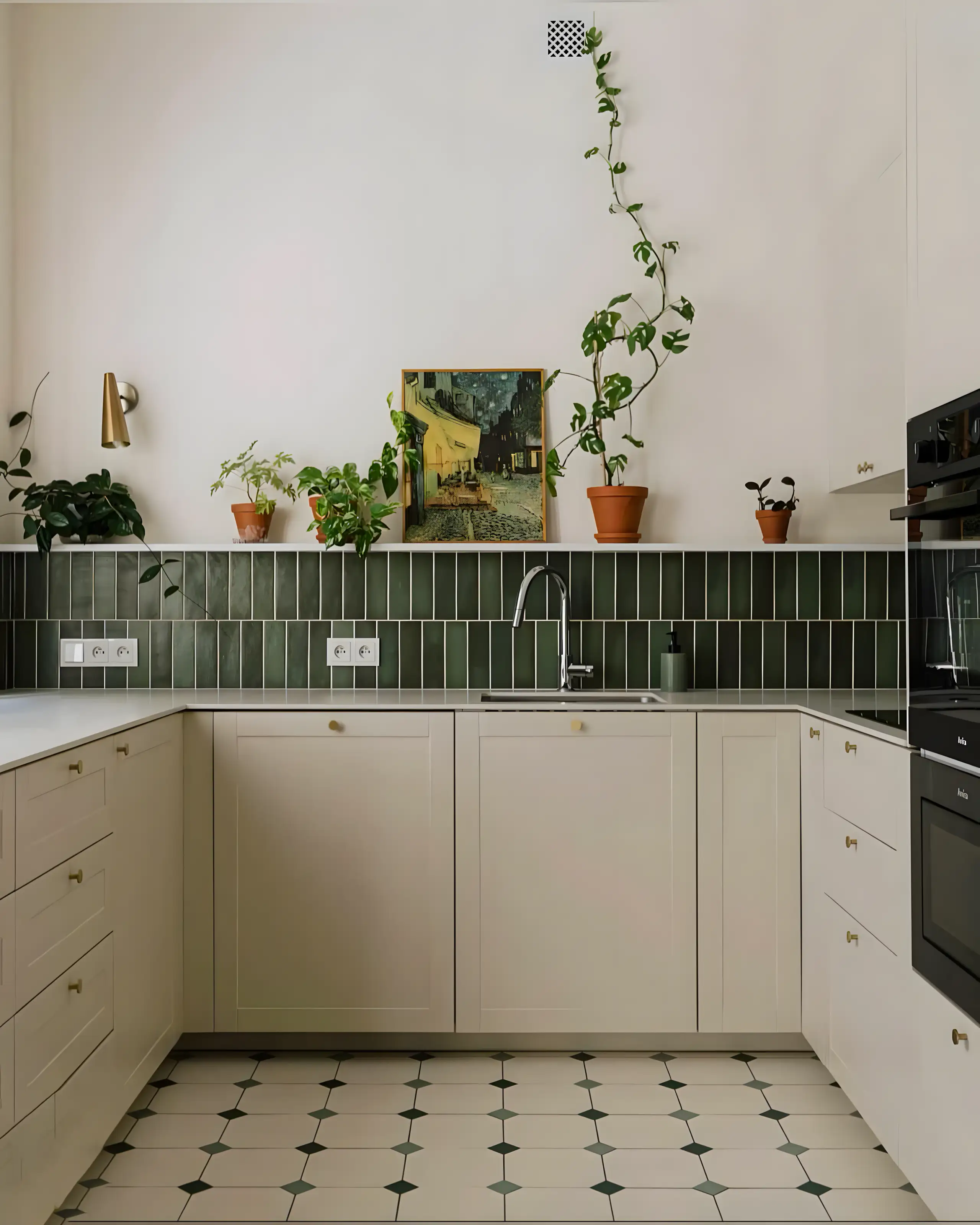 Elegant Kitchen with Green Subway Tiles and Patterned Flooring