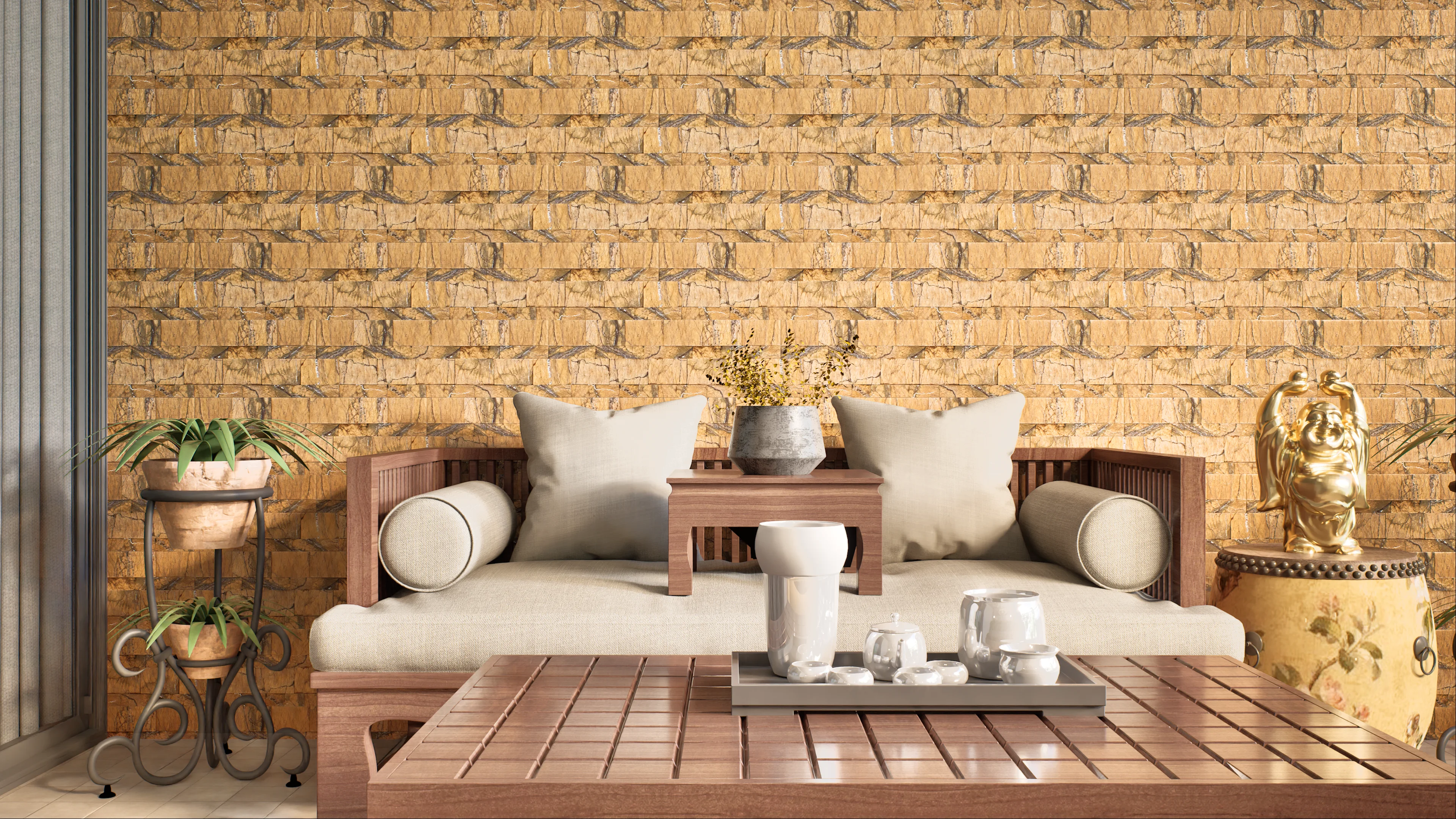 Elegant Outdoor Seating with Handcrafted Yellow Stone Wall