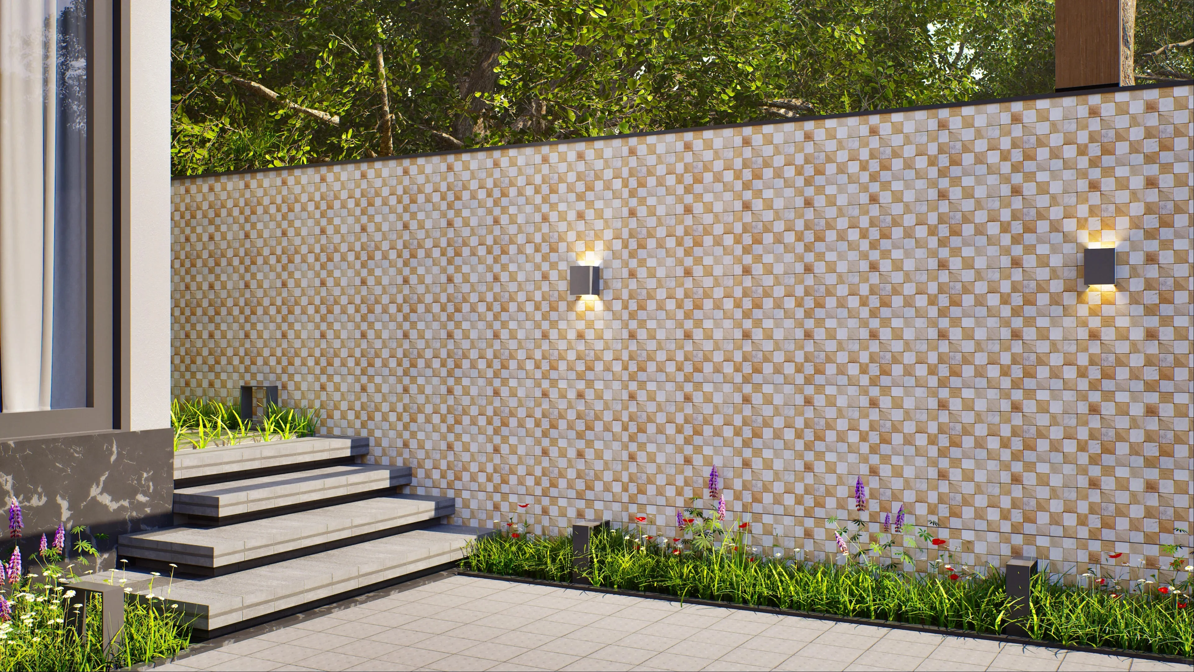Elegant Outdoor Space with Checkered Mosaic Tile Stone Wall Cladding