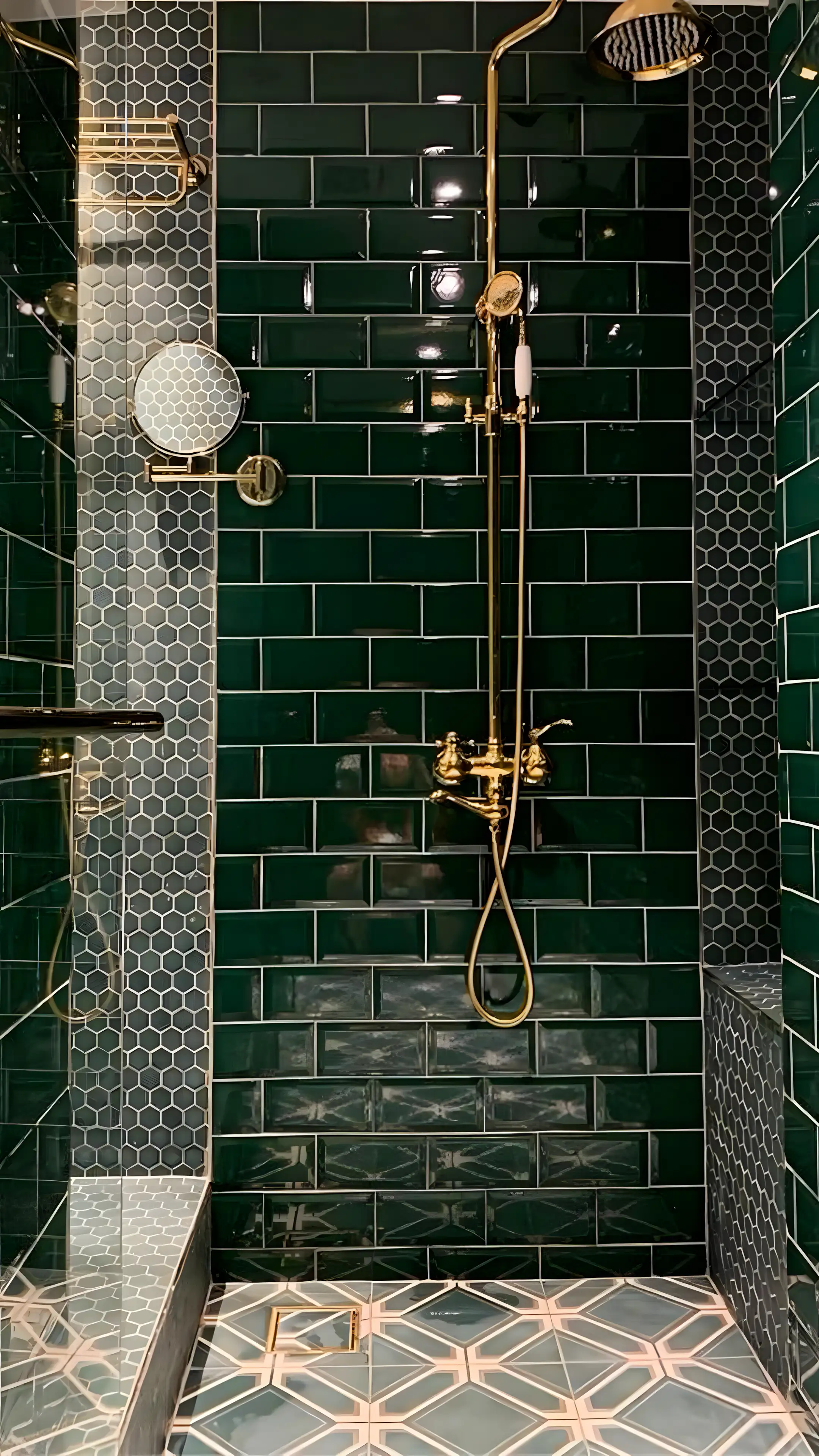 Bold Green Subway Tile Shower with Geometric Floor Accents
