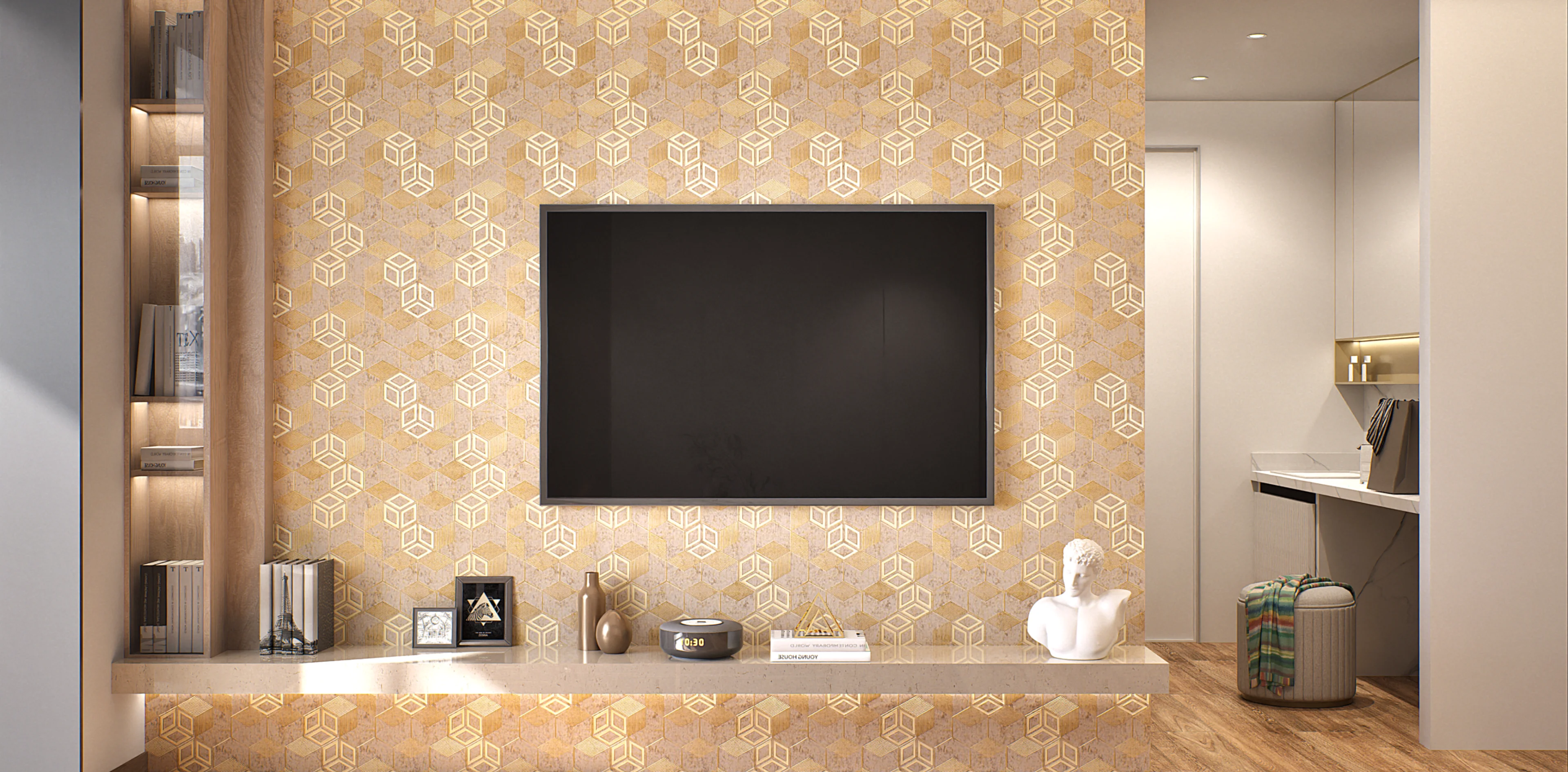 Geometric Wall Paneling with a Modern TV