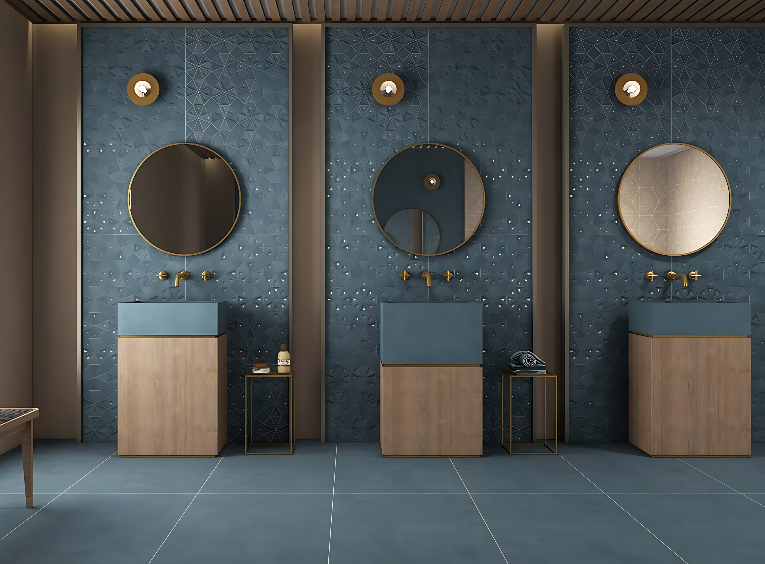 Luxury Bathroom with Deep Blue 3D Geometric Wall Tiles and Matte Blue ...
