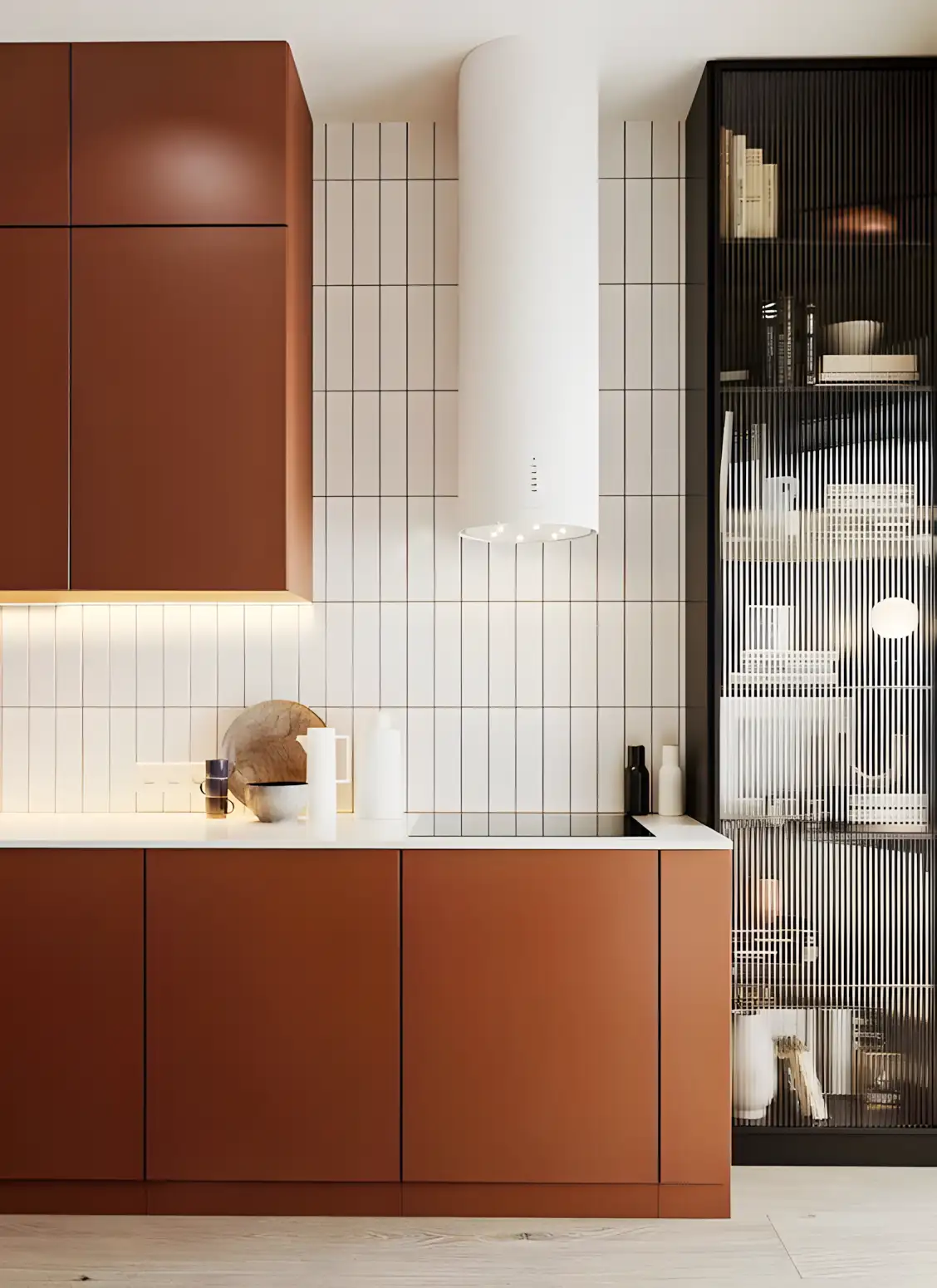 Minimalist Kitchen Design with Terracotta Cabinets and White Vertical ...