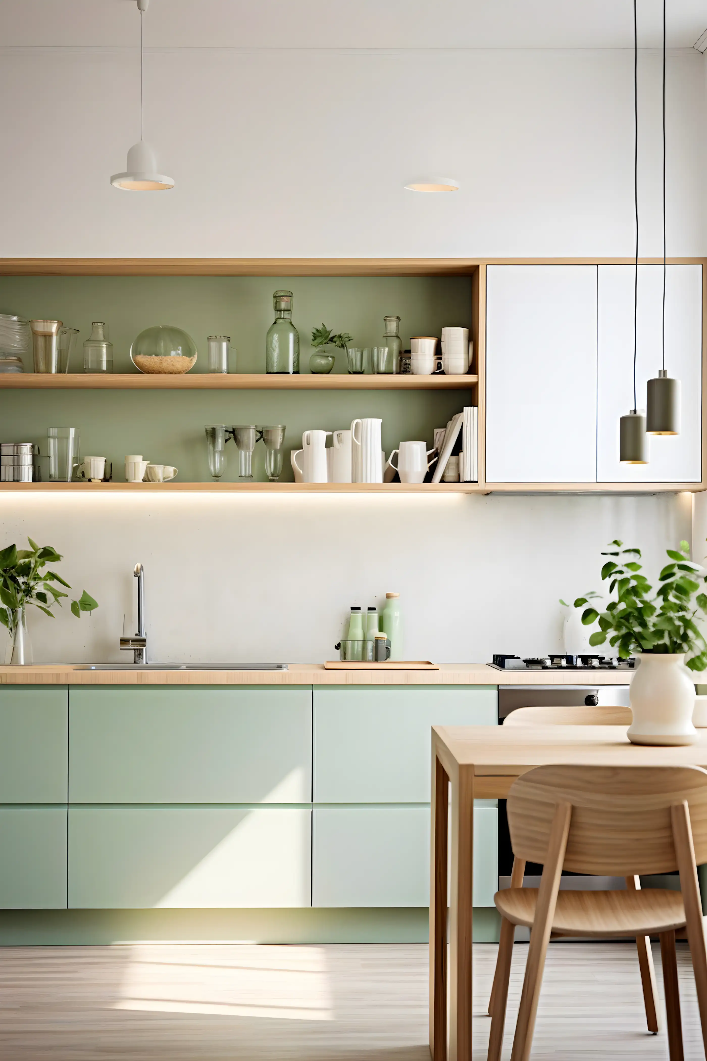 Minimalist Mint Green Kitchen with Open Shelving and Subtle Accents