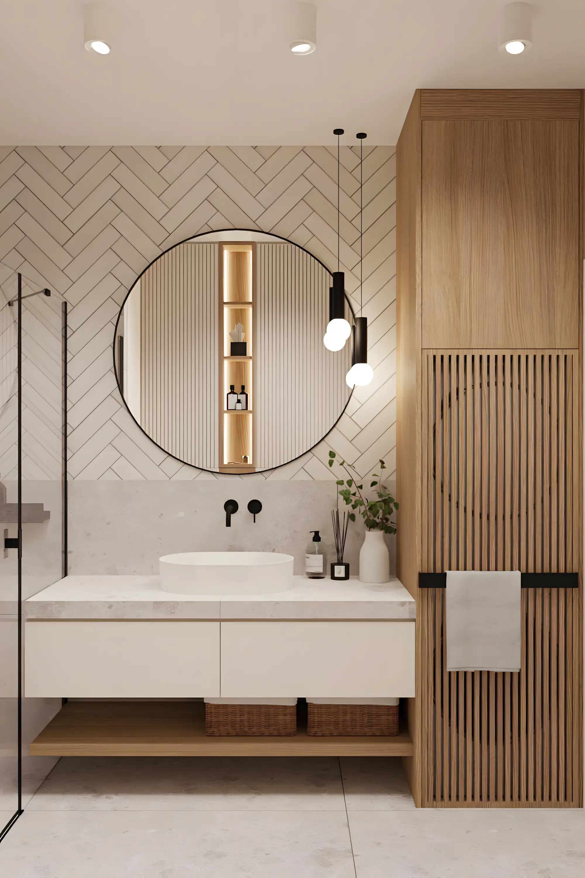 Modern Bathroom with Textured Tiles and Natural Elements