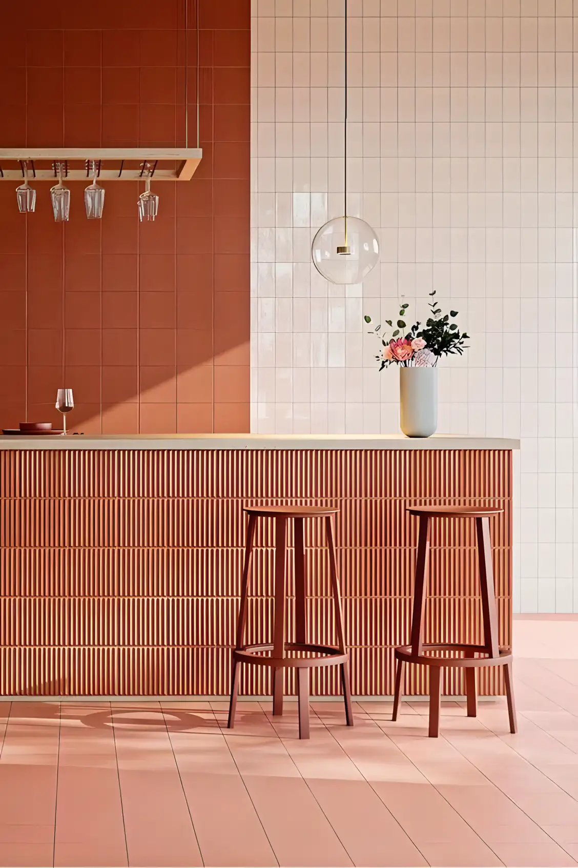 Modern Café Bar with Terracotta Tiles and Minimalist Design