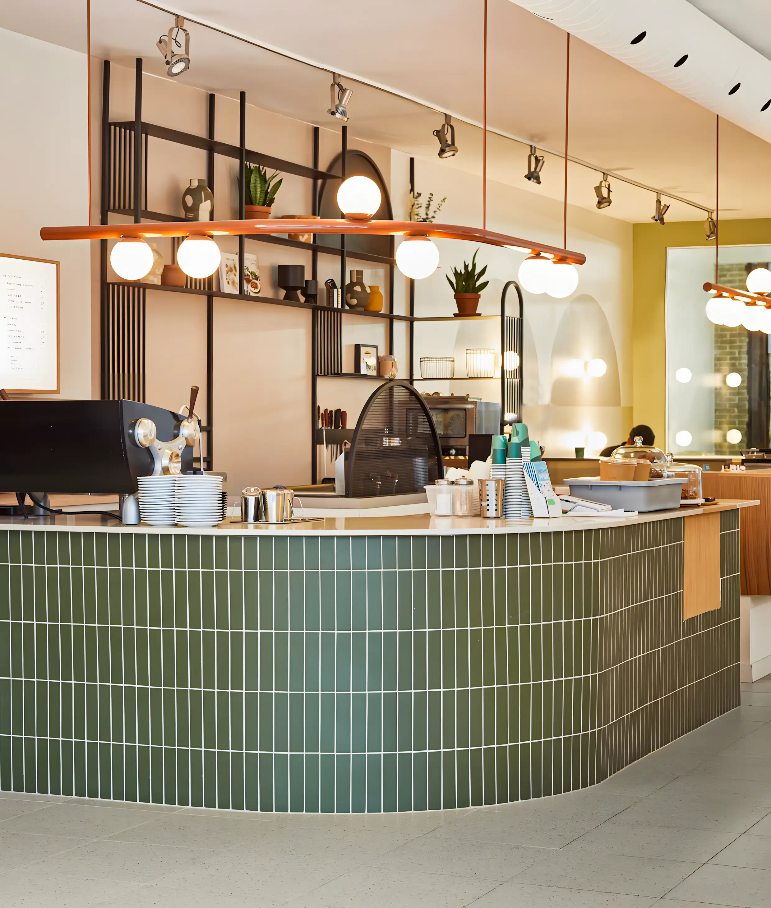 Modern Café Elegance: Stylish Curved Tile Bar