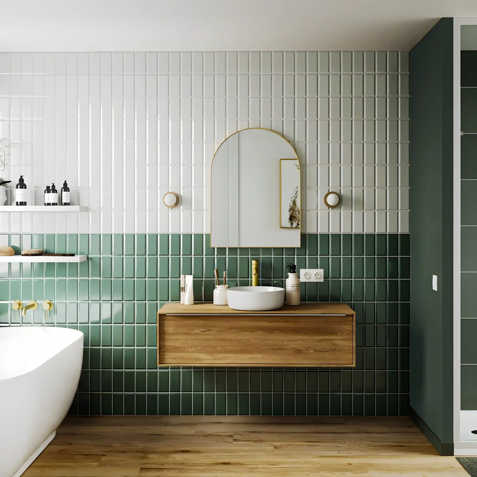 Modern Green and White Tile Bathroom with Wood Accents