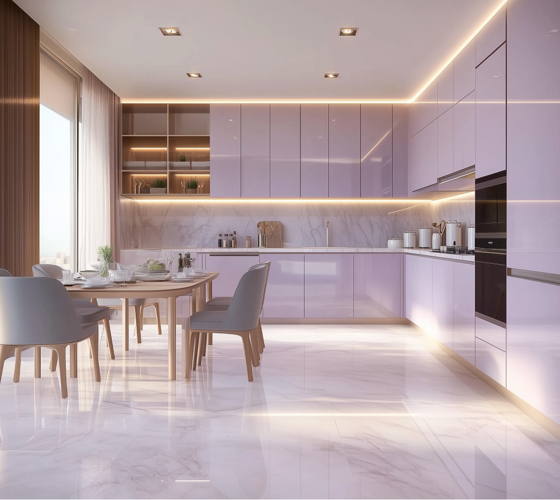 Modern Lilac Kitchen with Glossy Finish and Marble Accents