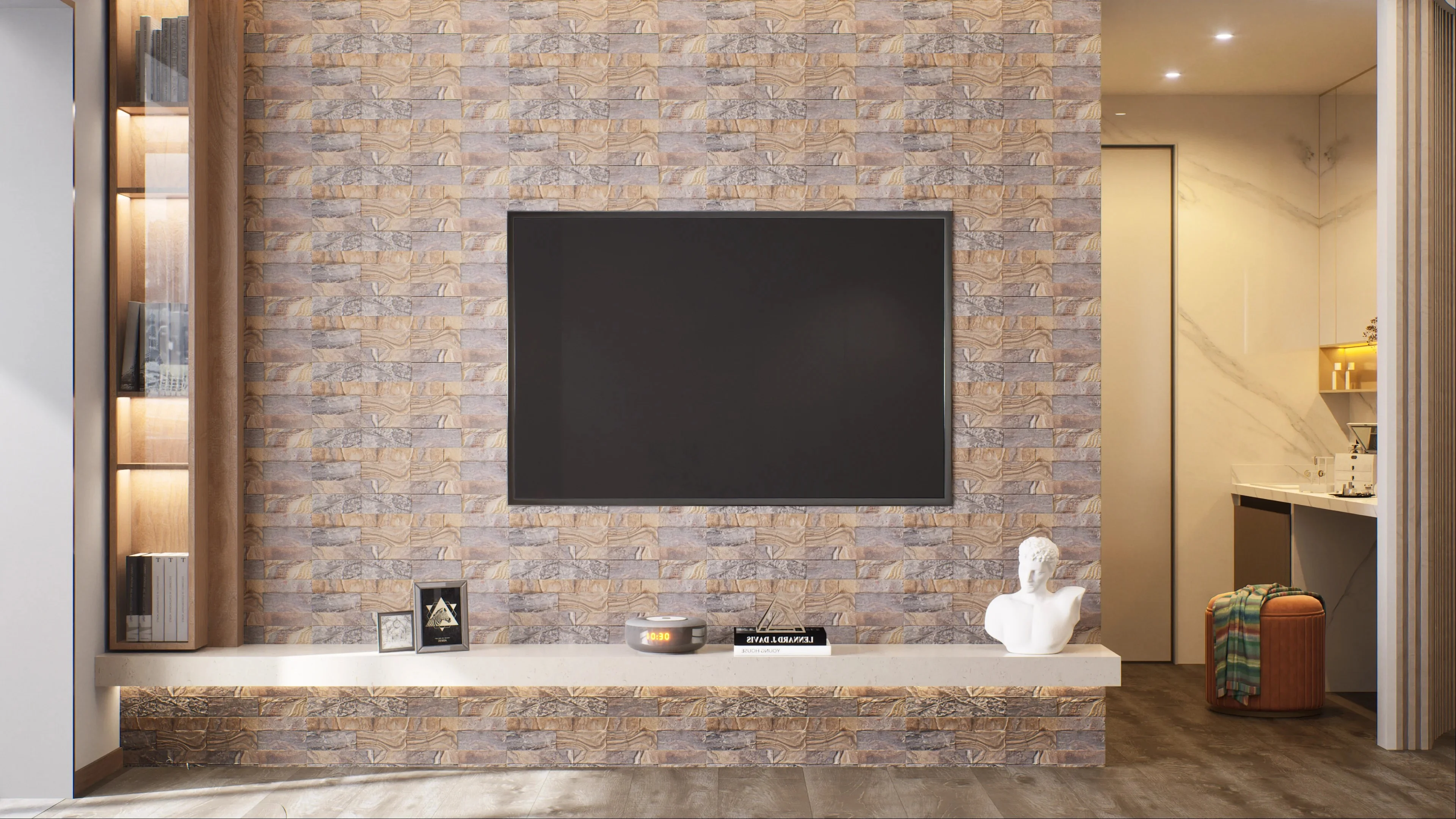 Modern Living Room with Stone Wall Cladding and TV Unit
