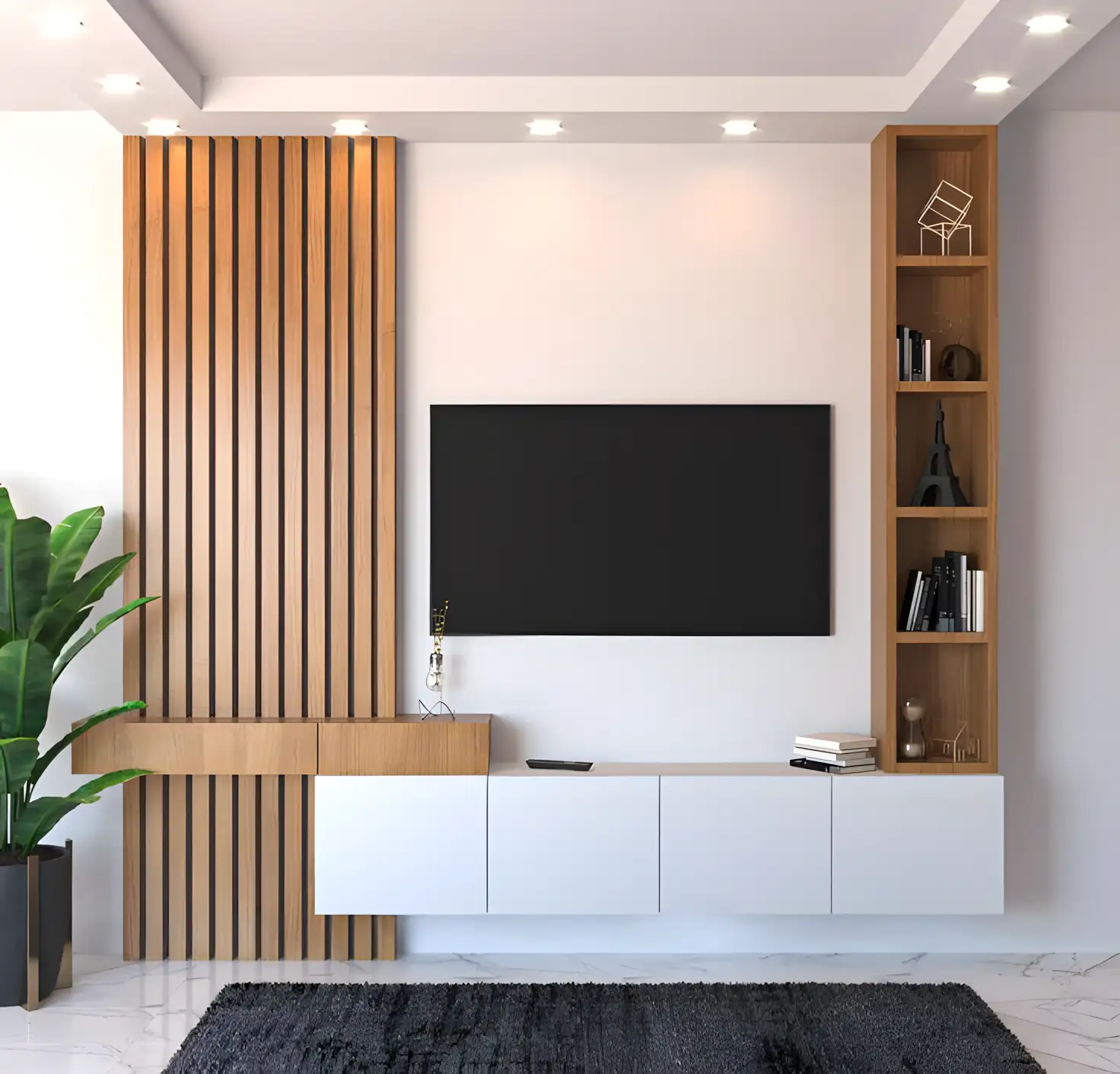 Modern Living Room with Wood Slatted Panel and Sleek TV Unit
