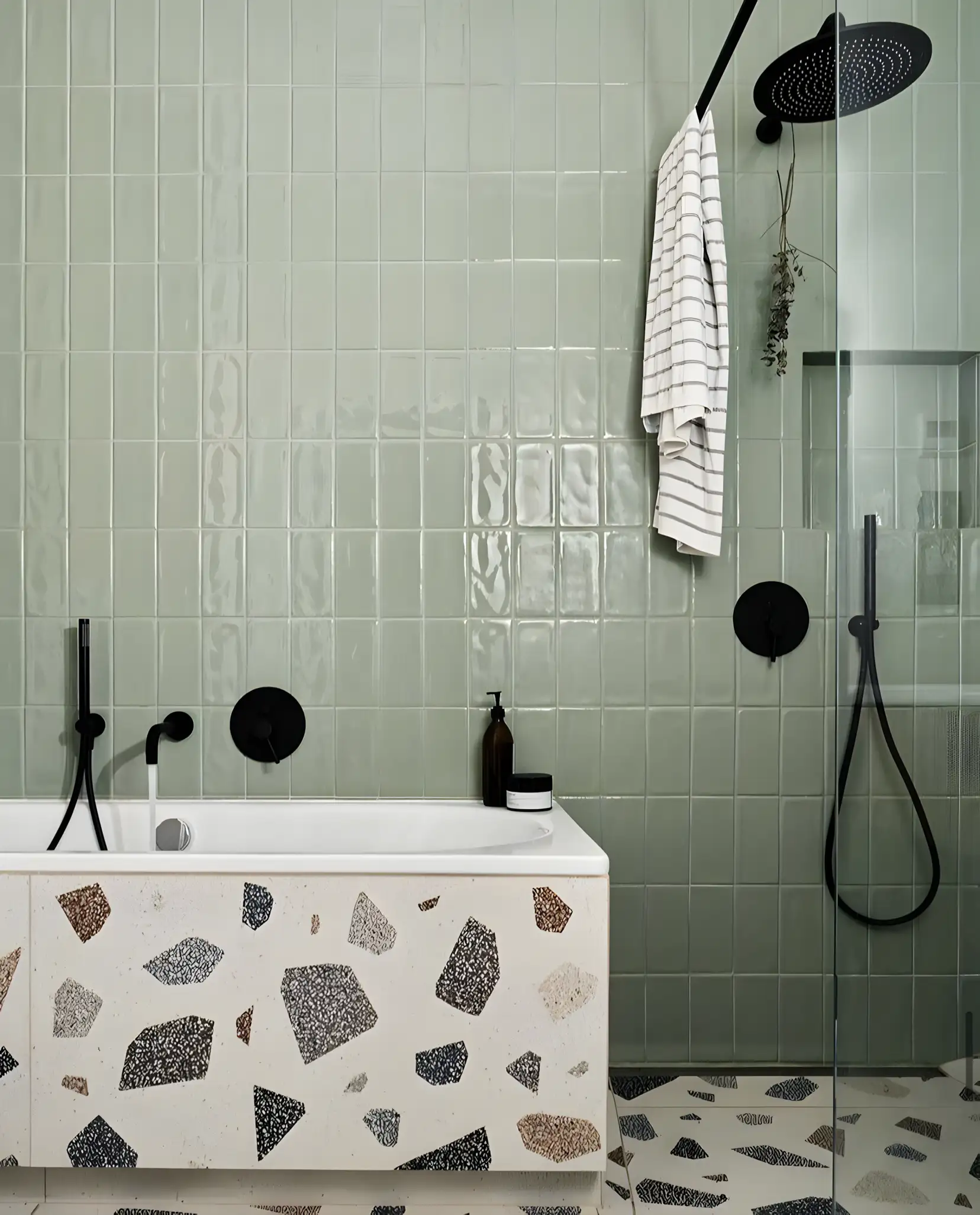 Modern Minimalism: Terrazzo Charm and Soft Sage Tiles