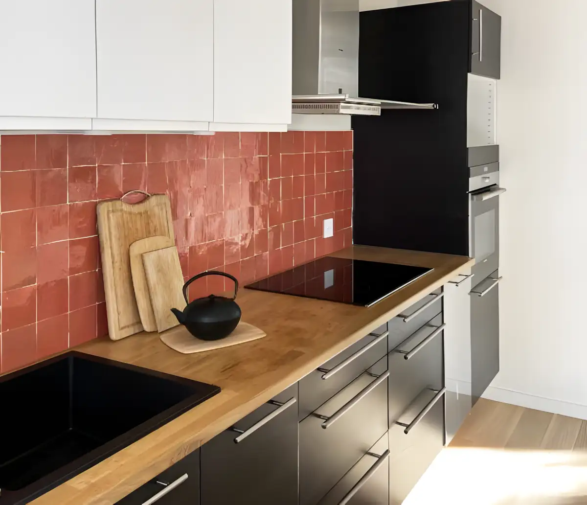Modern Two-Tone Kitchen with Red Tile Backsplash