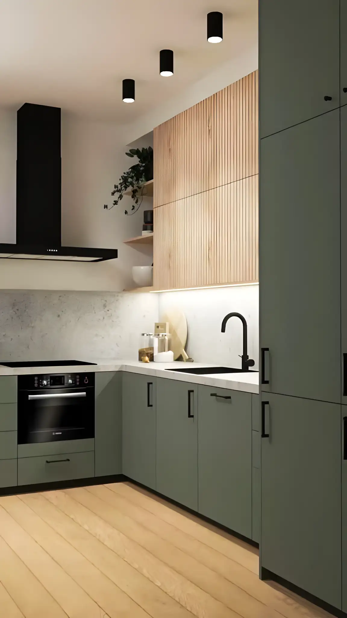 Modular Kitchen With Green Matte Laminates By Fluted Louvers