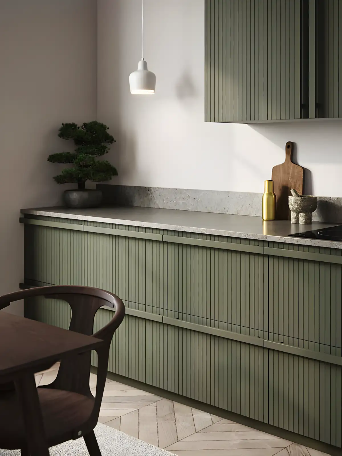 Olive Green Fluted Kitchen with Minimalist Touches