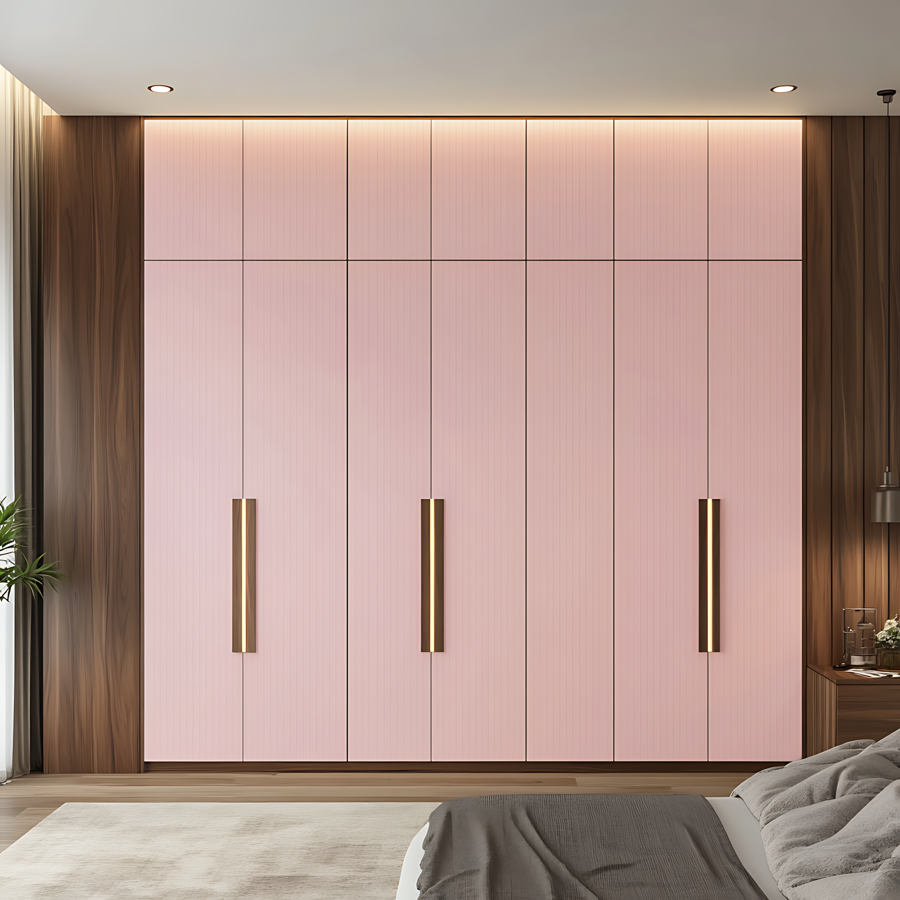 Modern Pink Fluted Wardrobe with Vertical Brass Handles in a Cozy Bedroom