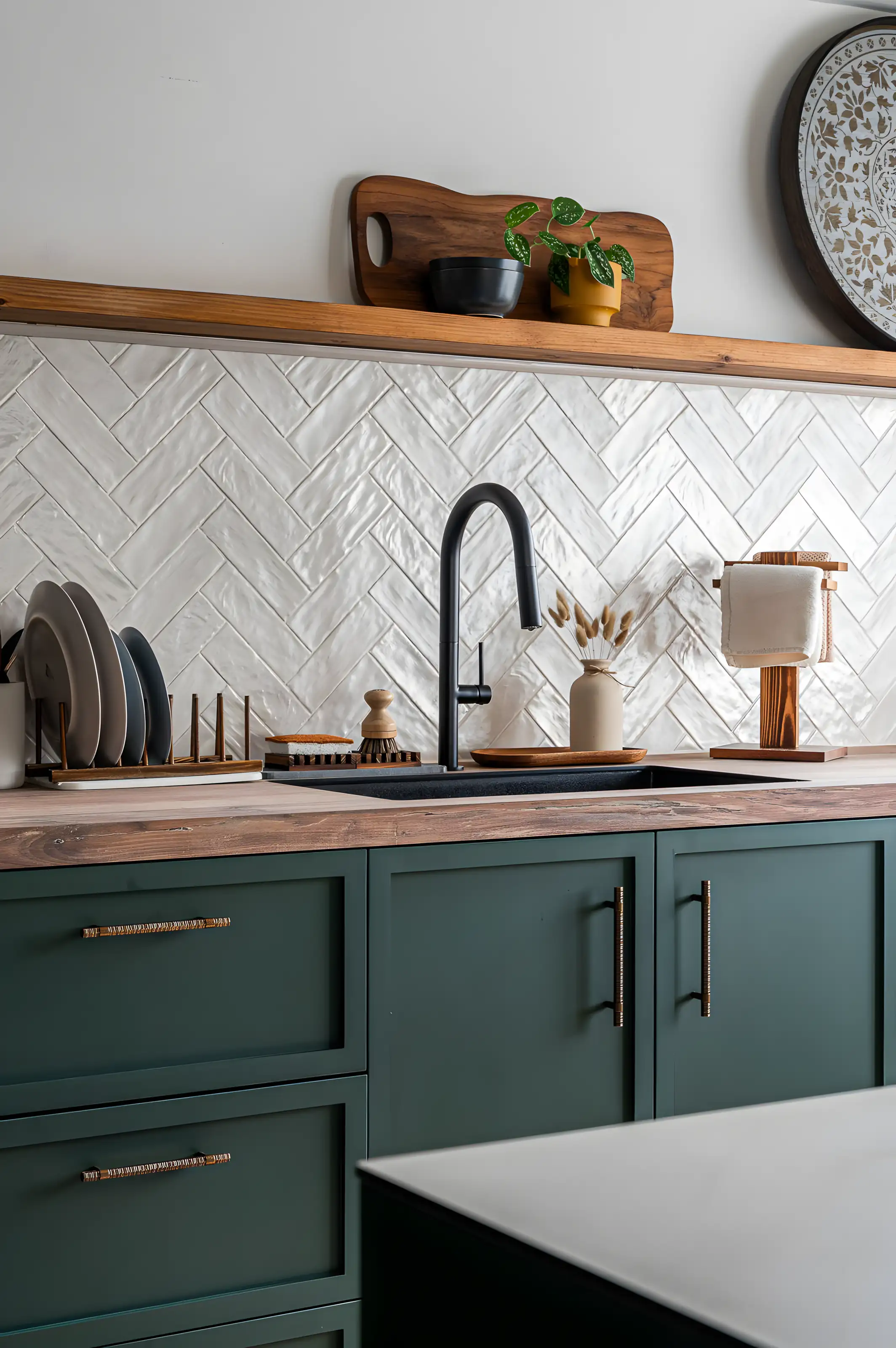 Rustic Green Kitchen with Herringbone Backsplash