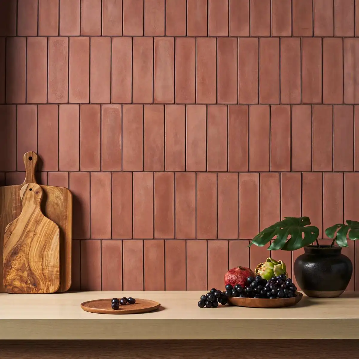 Rustic Kitchen Backsplash with Warm Terracotta Tiles and Wooden Accents