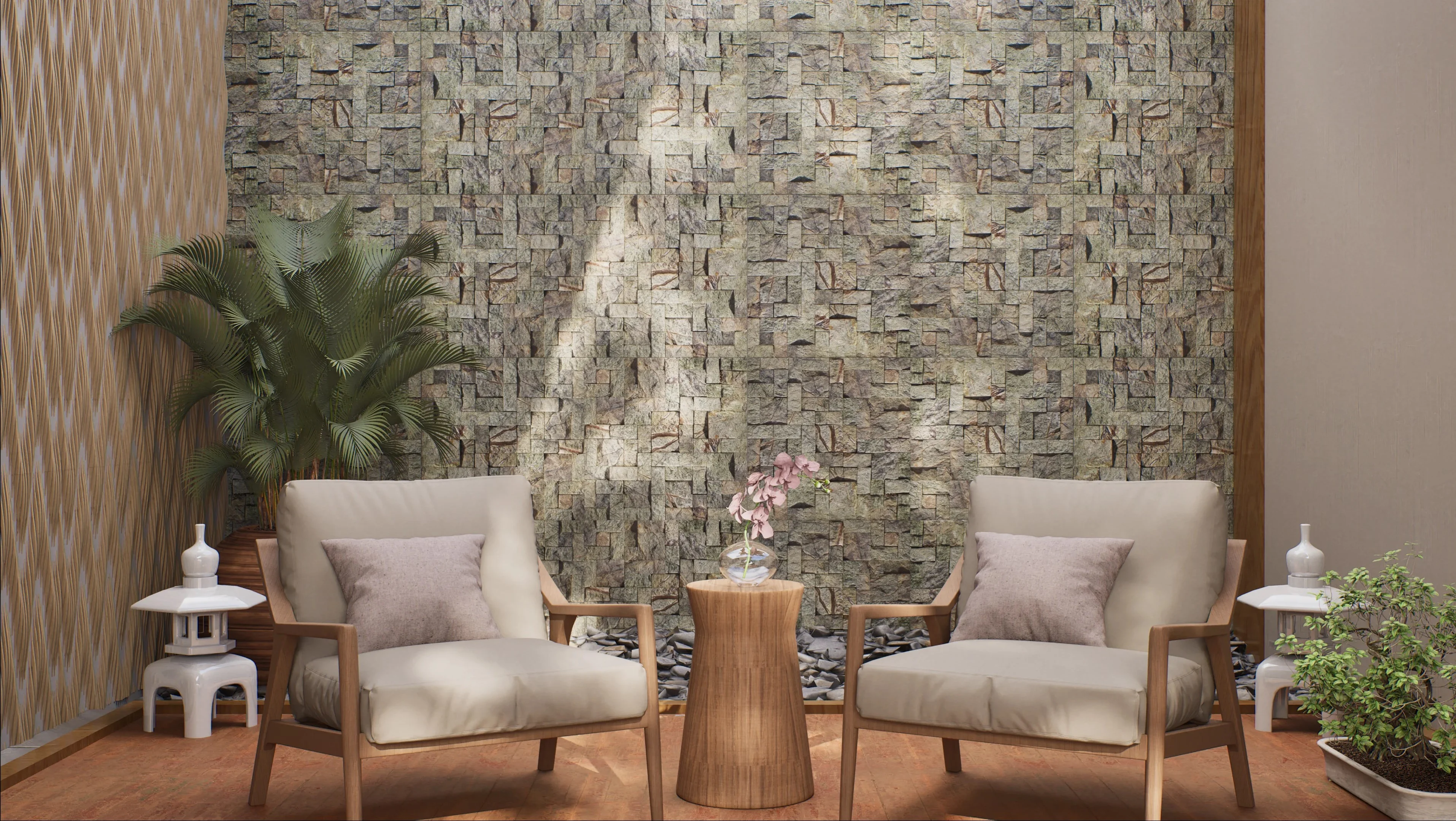 Serene Indoor Garden Seating Area with Textured Stone Wall Cladding