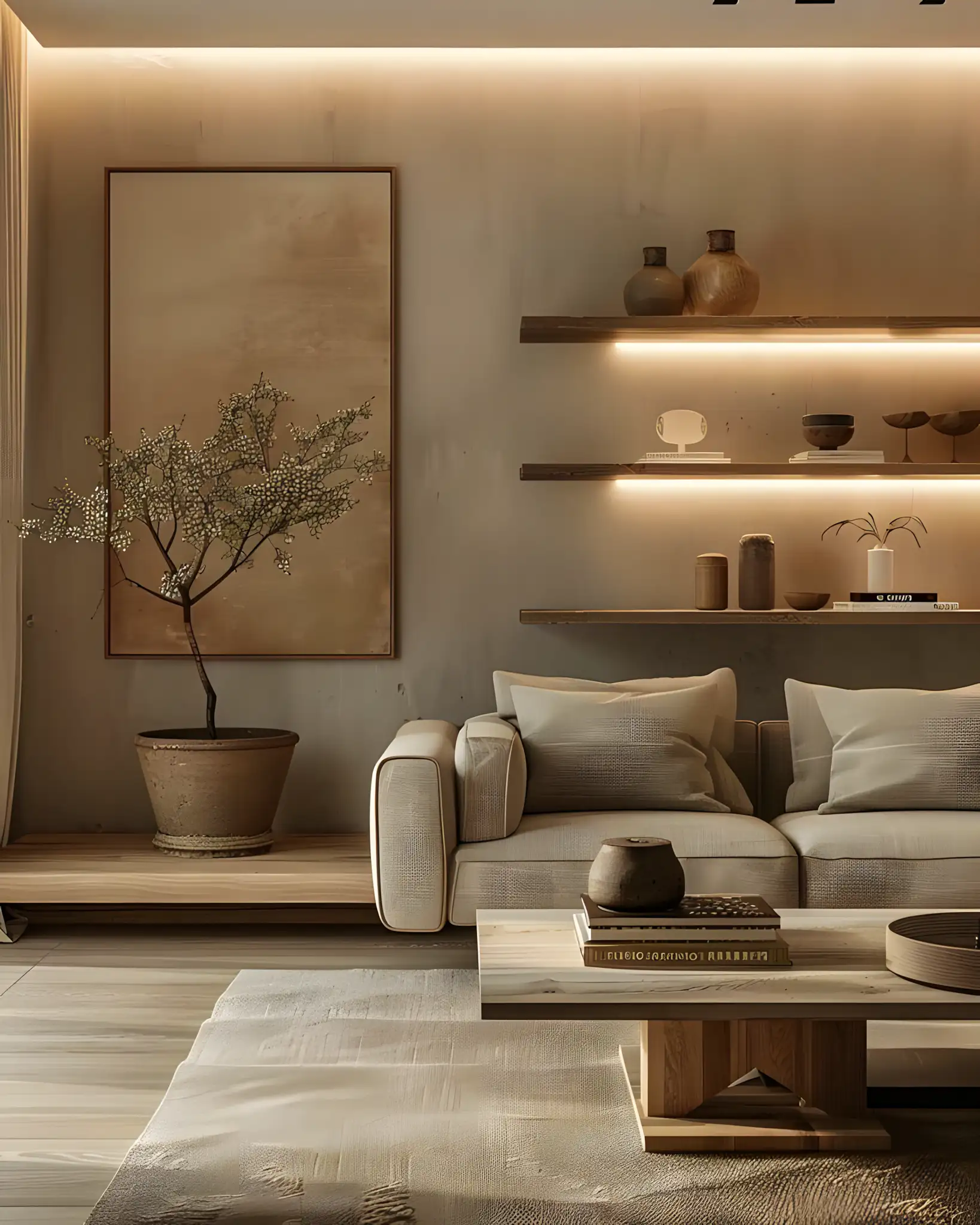 Serene Living Space with Earthy Tones and Ambient Lighting