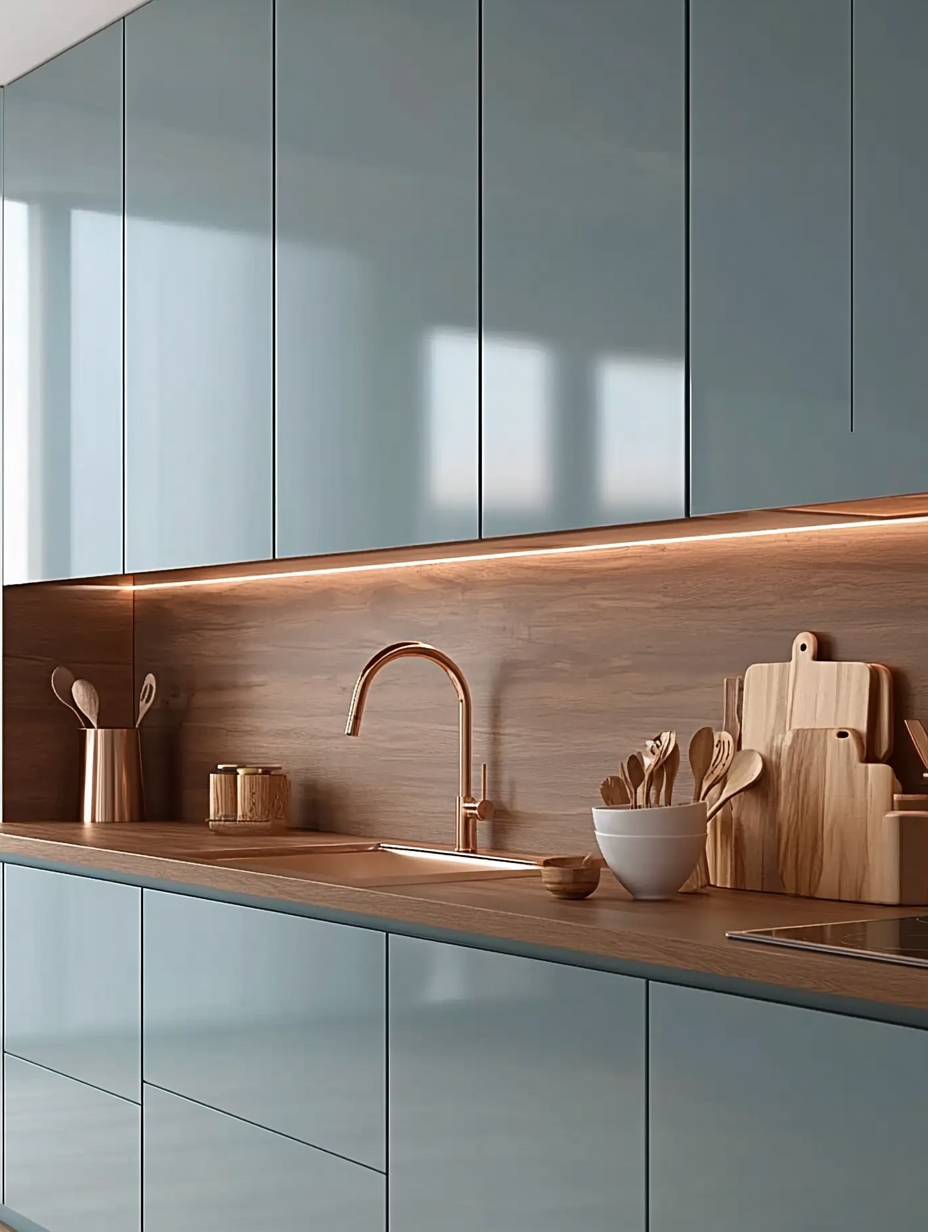 Sleek and Serene Kitchen: Soft Blue Tones with Warm Wood Accents