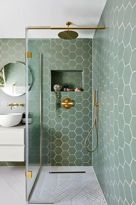 Sleek Green Hexagon-Tiled Shower with Gold Accents