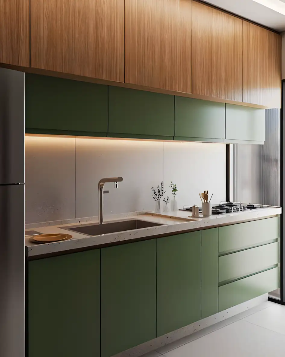 Sleek Modern Kitchen with Earthy Green and Wood Accents