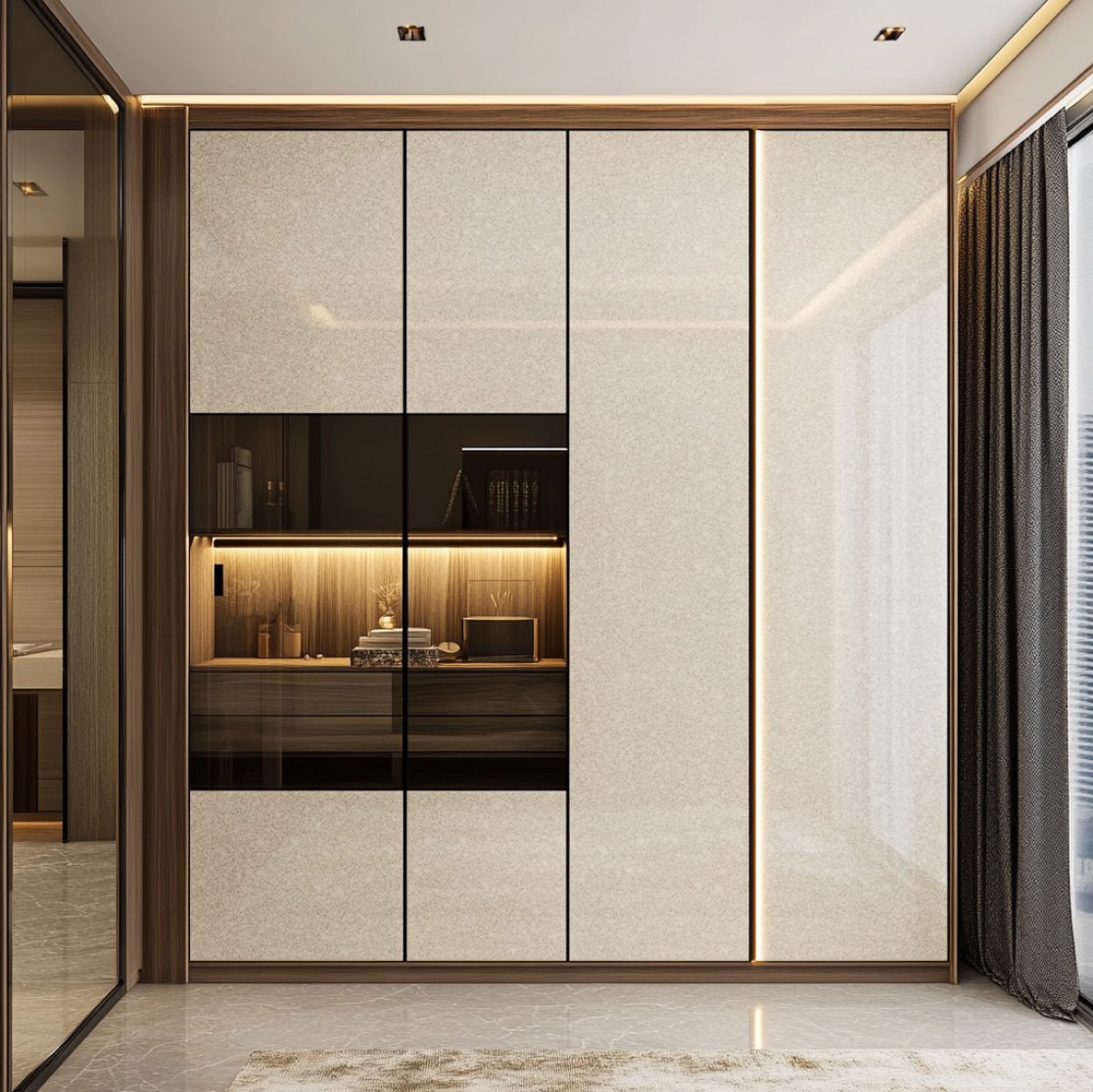 Sparkling Ivory Gloss Laminate Wardrobe with Wood Accents in Modern Bedroom