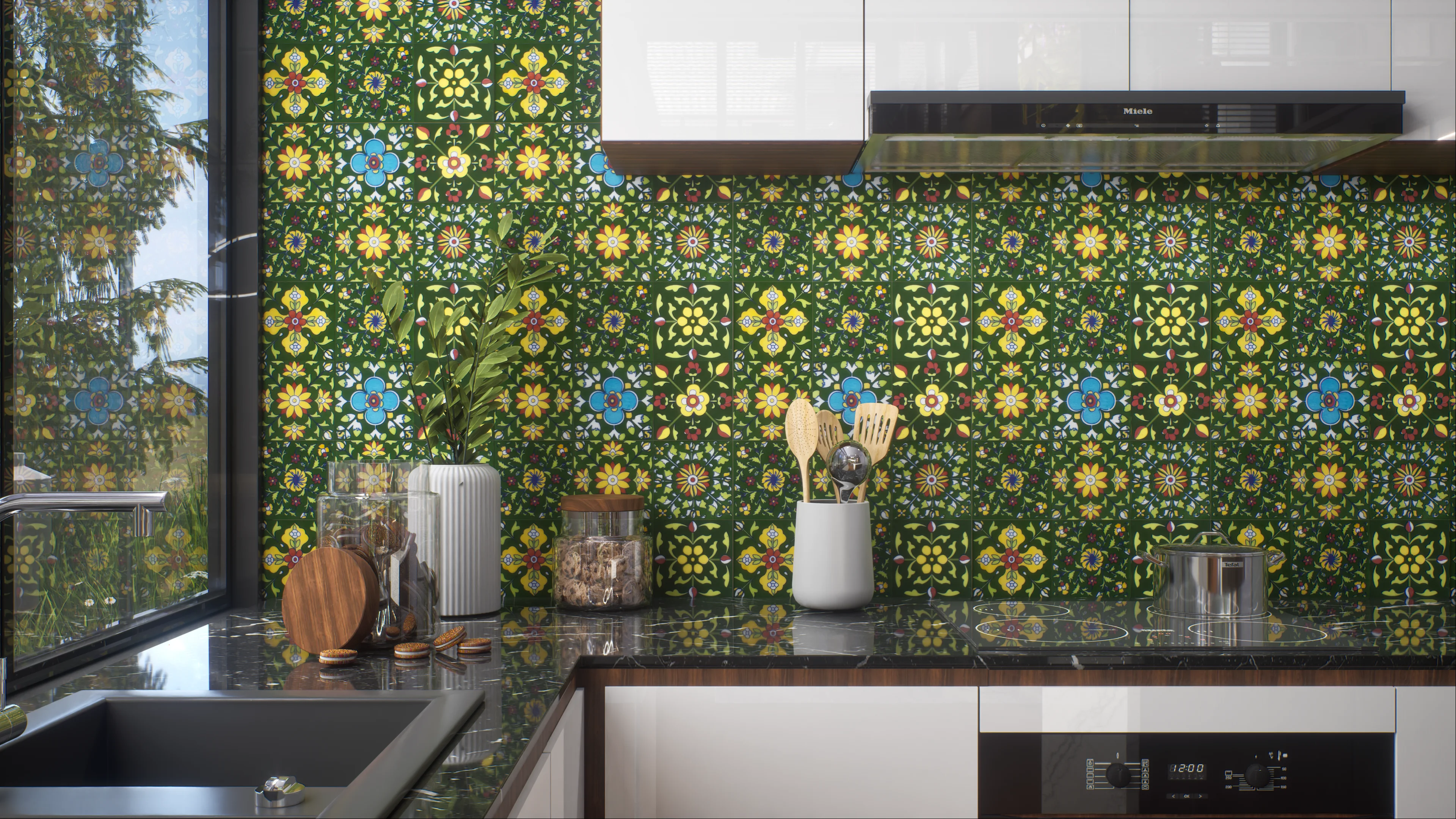 Vibrant Kitchen with Floral Patterned Tiles
