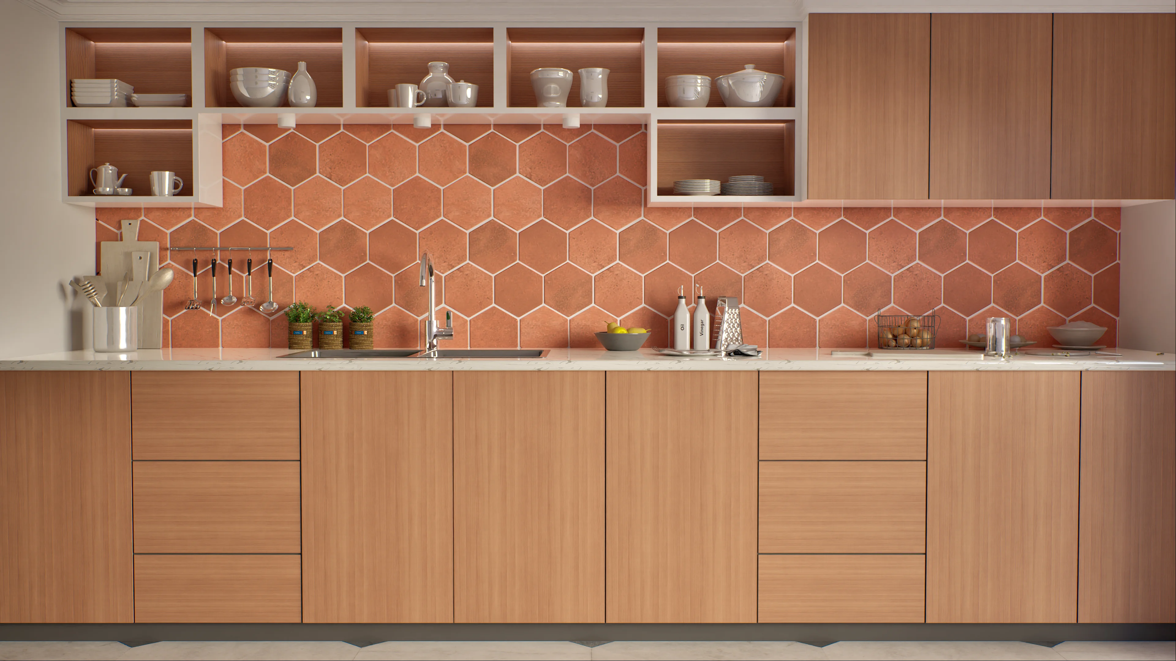 Warm and Modern Kitchen with Orange Hexagonal Backsplash