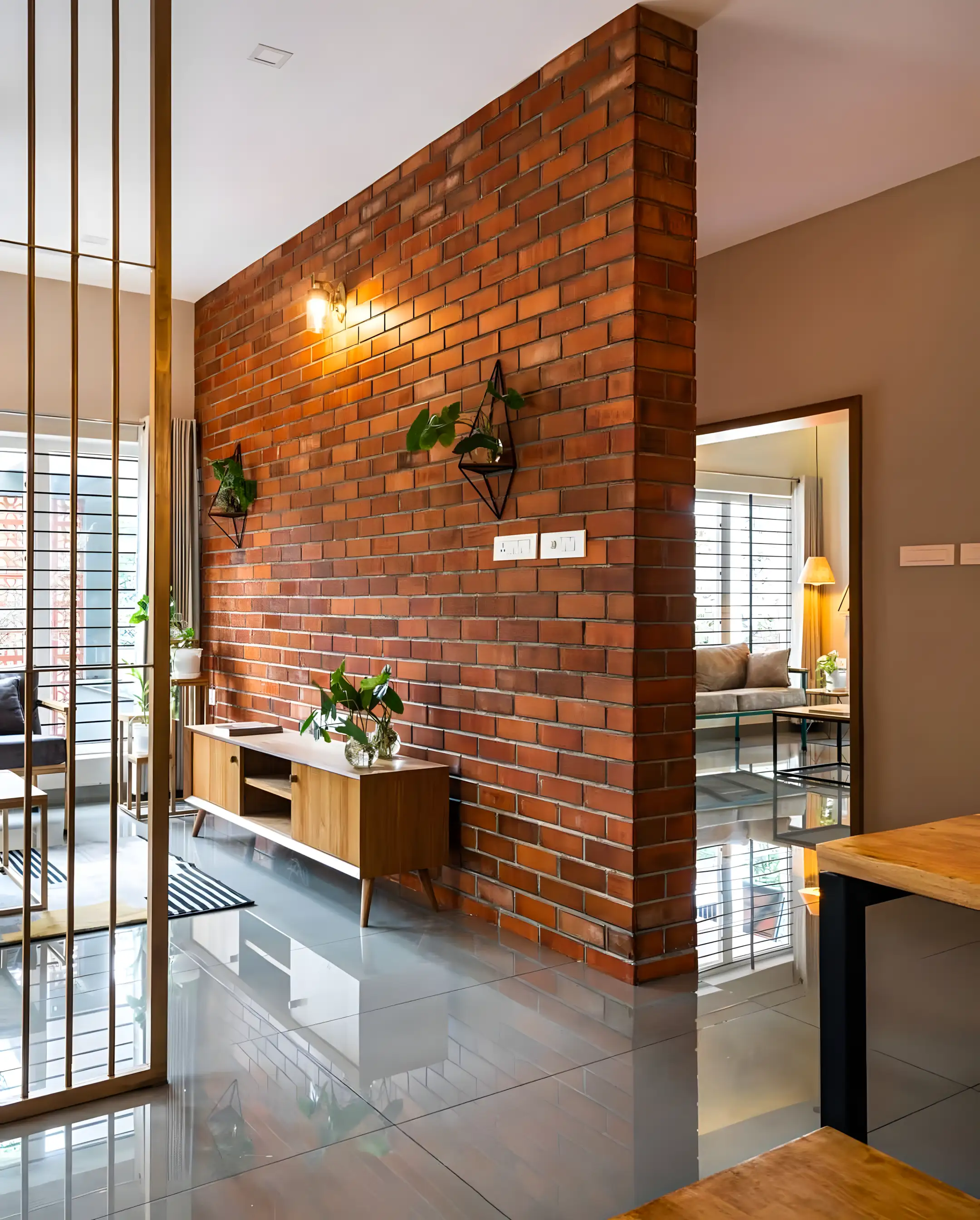 Warm Industrial Living Space with Exposed Brick Wall