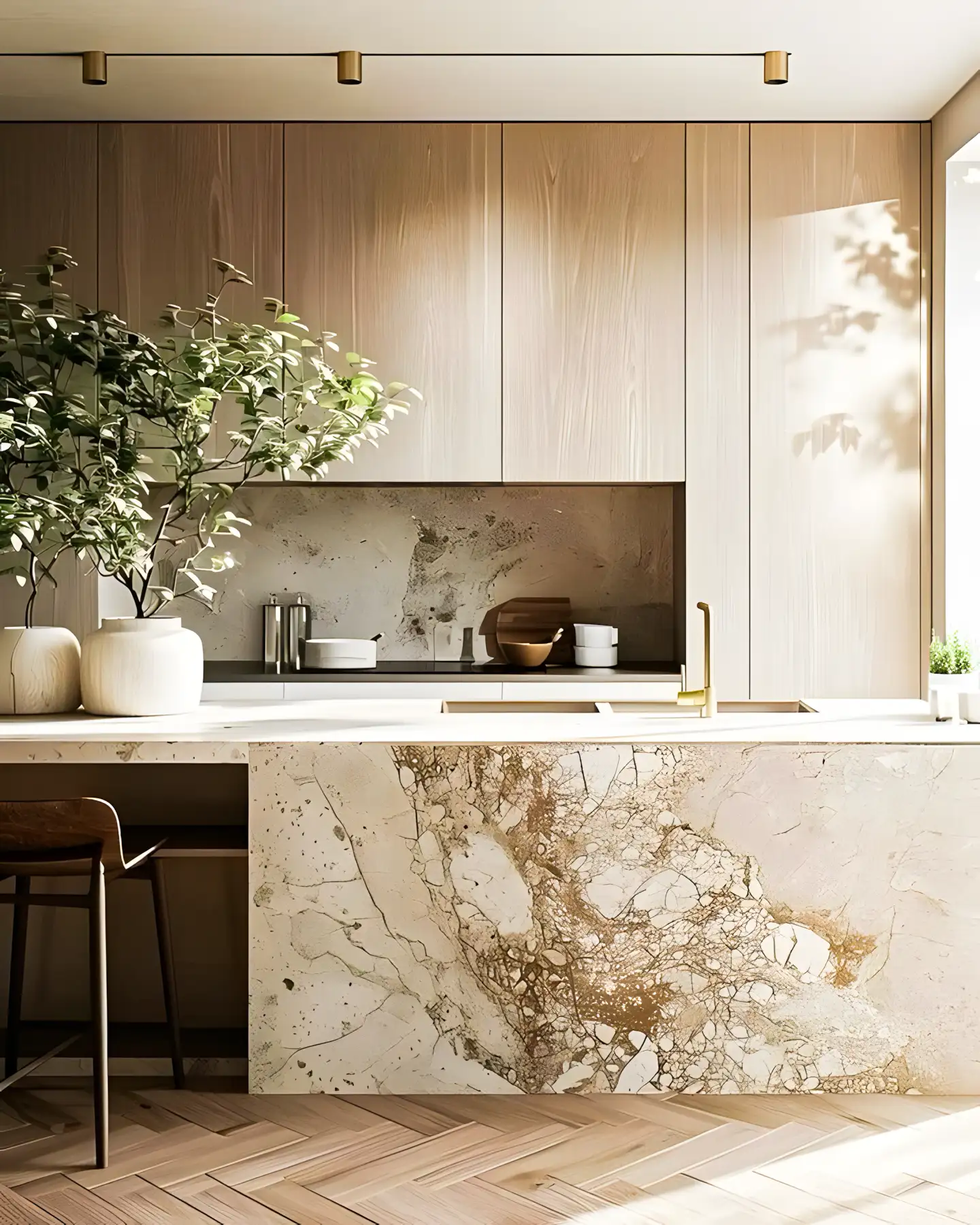 Wooden Kitchen With Marble Accents